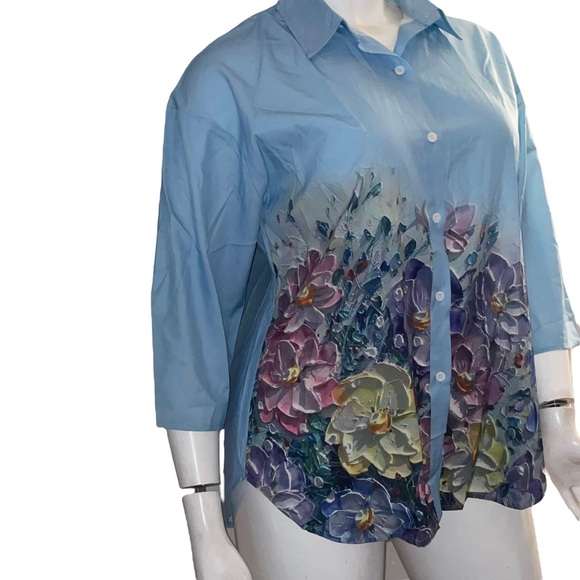 noracora | Tops | Noracora Blue Floral Buttoned Blouse | Poshmark